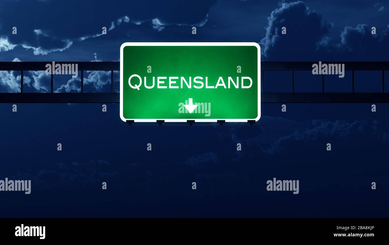 Queensland Australia Highway Road Sign at Night 3D artwork Stock Photo ...