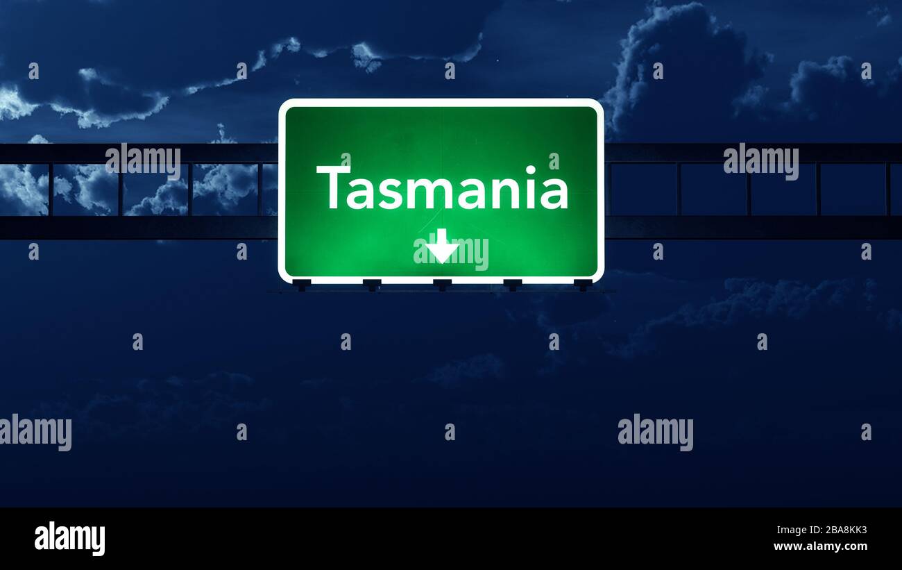Tasmania Australia Highway Road Sign at Night 3D artwork Stock Photo ...