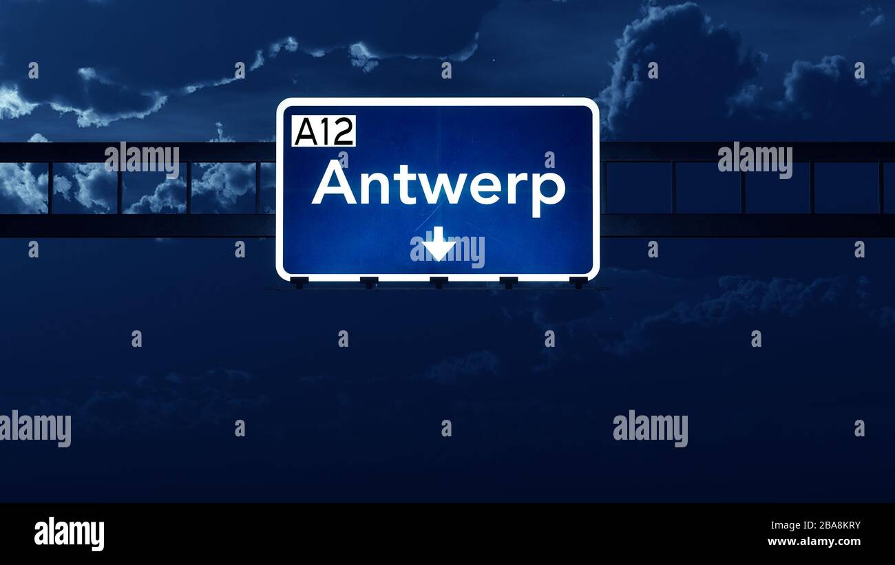 Antwerp Belgium Highway Road Sign at Night 3D artwork Stock Photo - Alamy