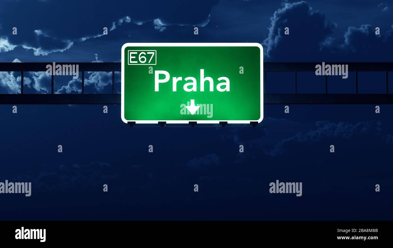 Praha Czech Republic Highway Road Sign at Night 3D artwork Stock Photo ...