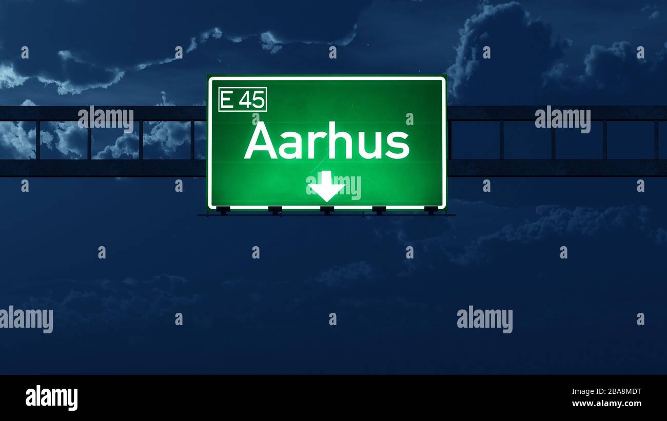 Aarhus Denmark Highway Road Sign at Night 3D artwork Stock Photo - Alamy
