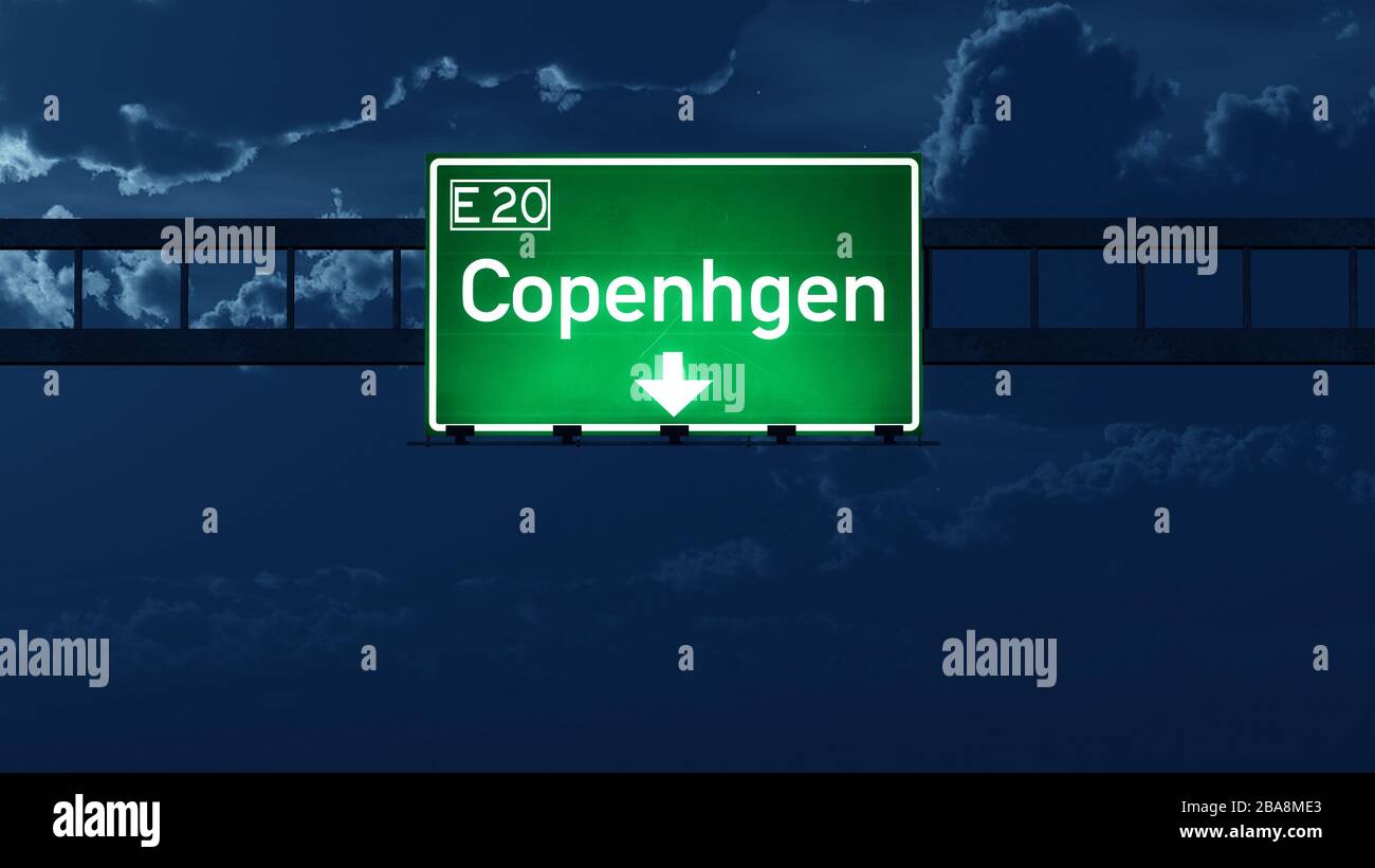 Copenhagen Denmark Highway Road Sign at Night 3D artwork Stock Photo ...