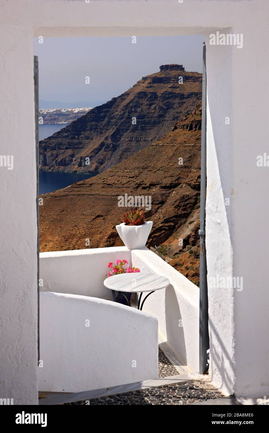 Beautiful balcony with view on the caldera of Santorini island in ...