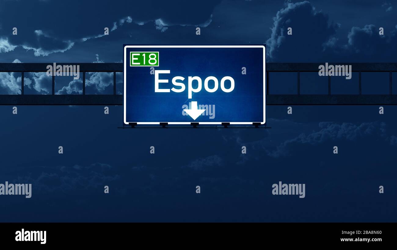Espoo Finland Highway Road Sign at Night 3D artwork Stock Photo - Alamy