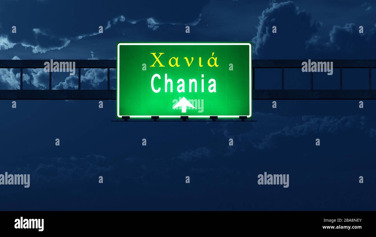 Chania Greece Highway Road Sign at Night 3D artwork Stock Photo - Alamy