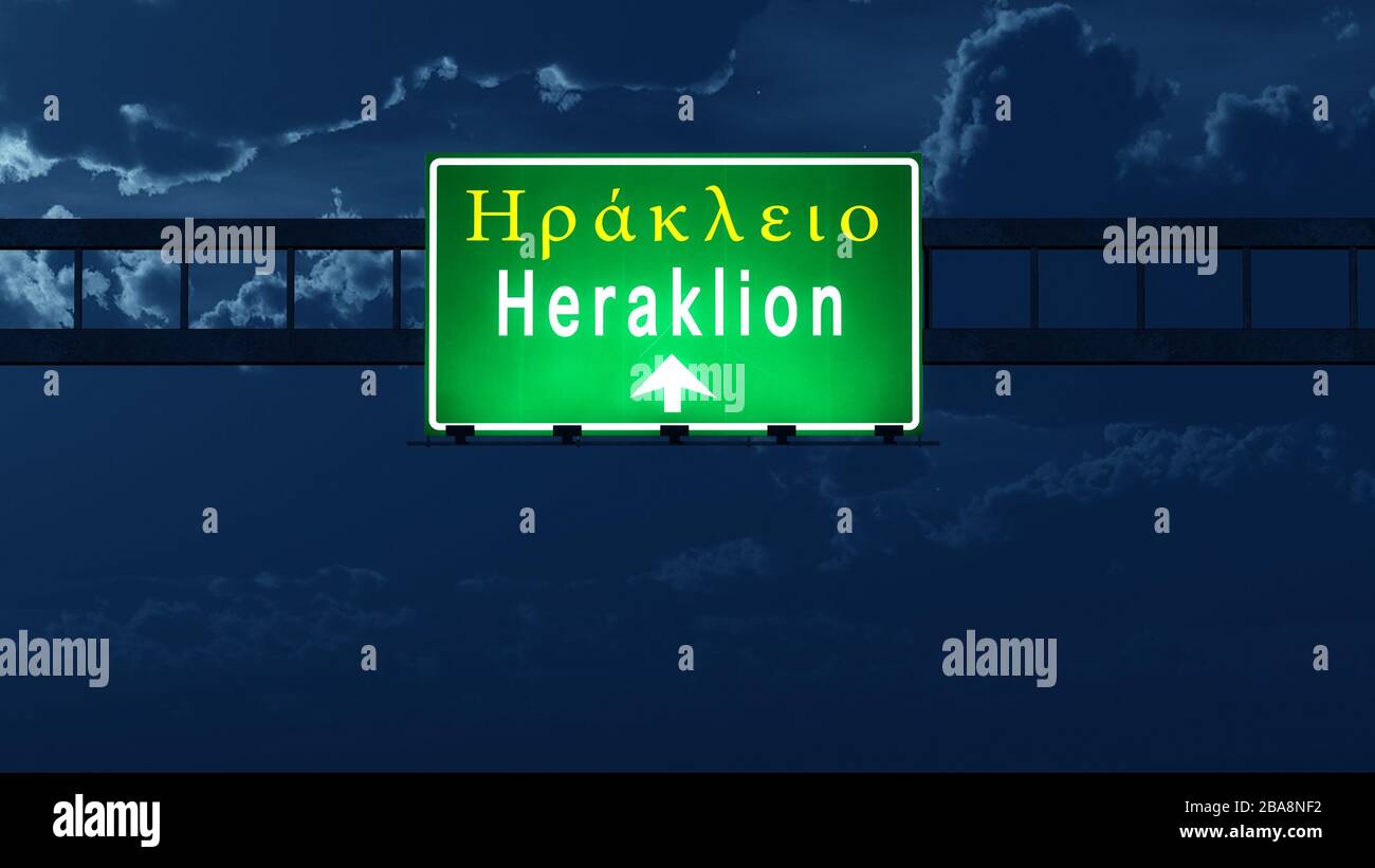 Heraklion Greece Highway Road Sign at Night 3D artwork Stock Photo - Alamy