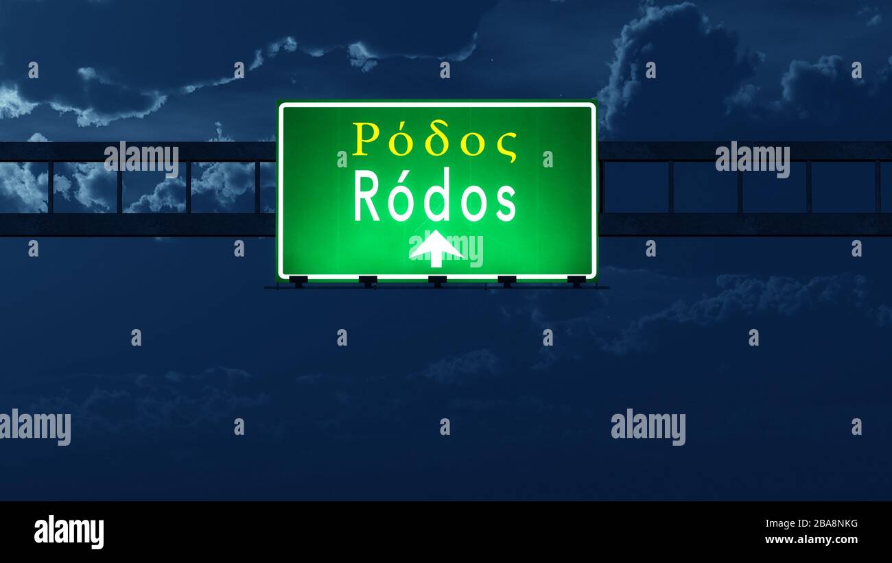 Rhodes Greece Highway Road Sign at Night 3D artwork Stock Photo - Alamy