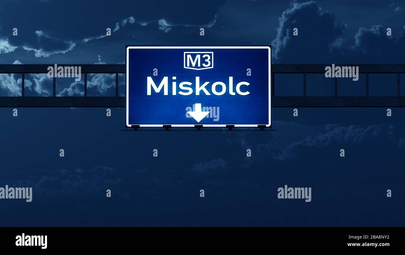 Miskolc Hungary Highway Road Sign at Night 3D artwork Stock Photo - Alamy
