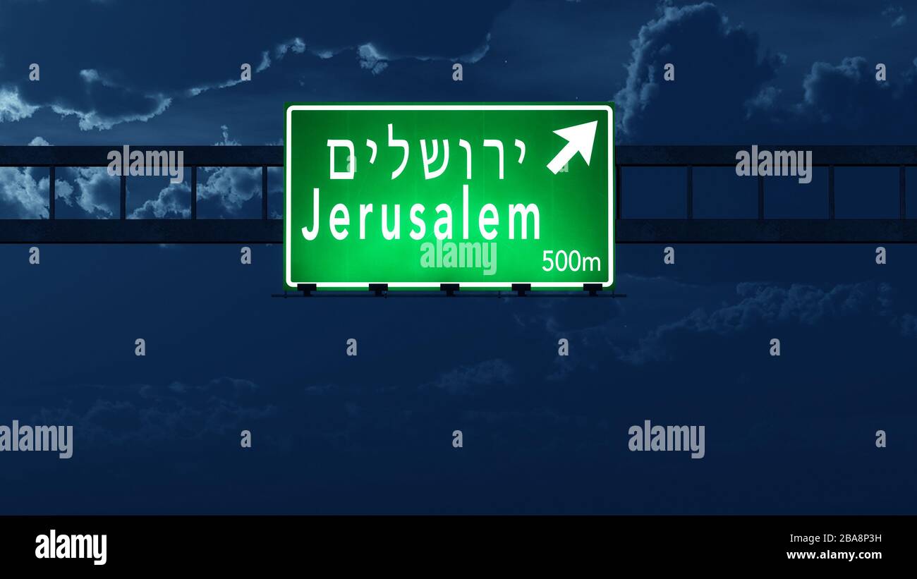 Jerusalem Israel Highway Road Sign at Night 3D artwork Stock Photo - Alamy