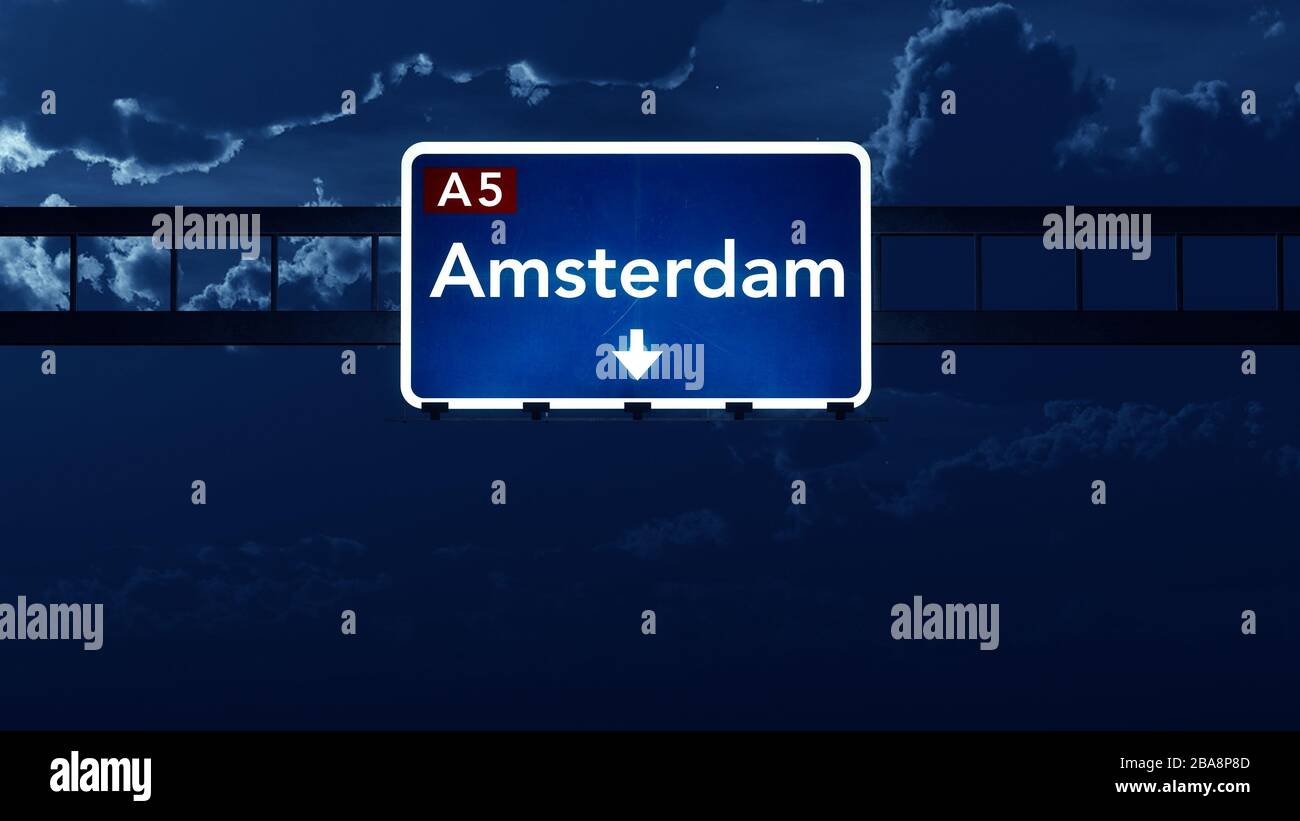 Amsterdam Netherlands Highway Road Sign at Night 3D artwork Stock Photo ...