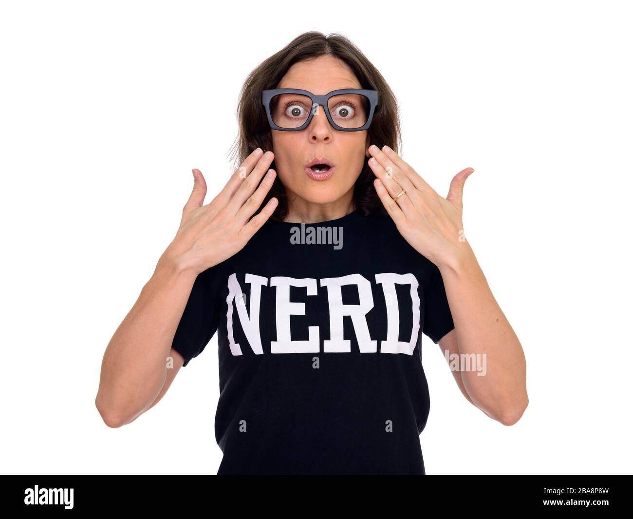 Portrait of beautiful nerd woman with eyeglasses looking shocked Stock ...