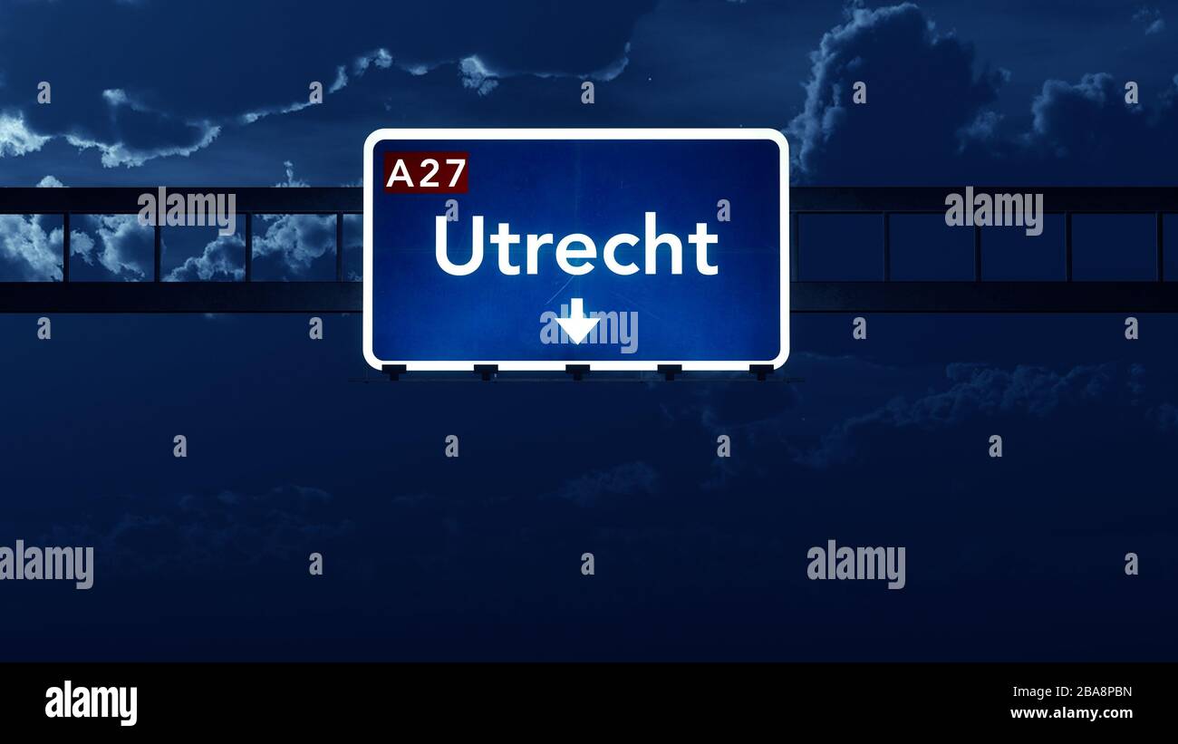 Utrecht Netherlands Highway Road Sign at Night 3D artwork Stock Photo ...