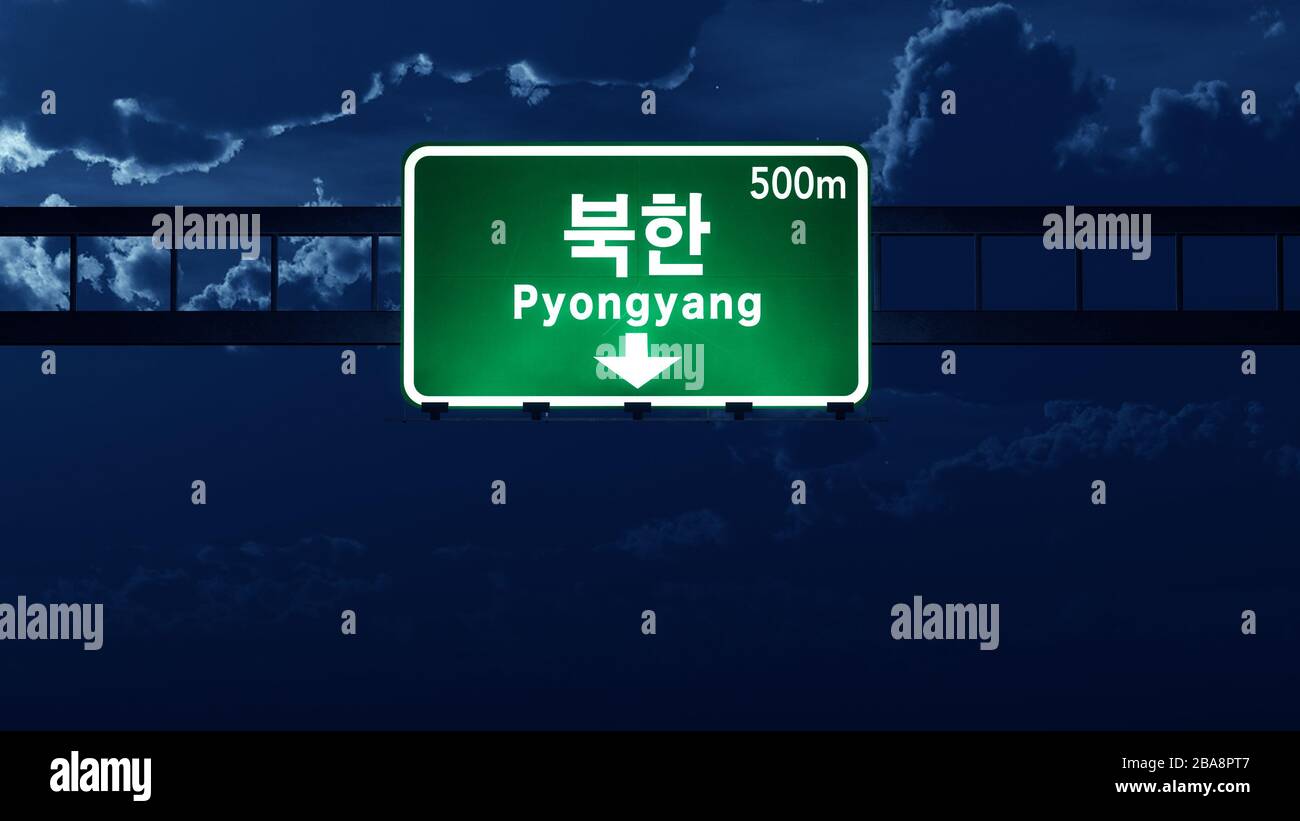 Pyongyang North Korea Highway Road Sign at Night 3D artwork Stock Photo ...