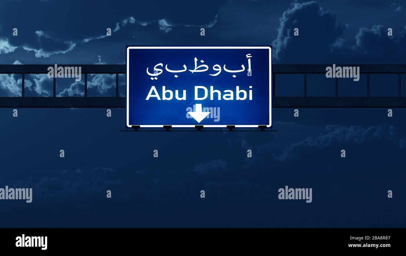 Abu Dhabi UAE Highway Road Sign at Night 3D artwork Stock Photo - Alamy