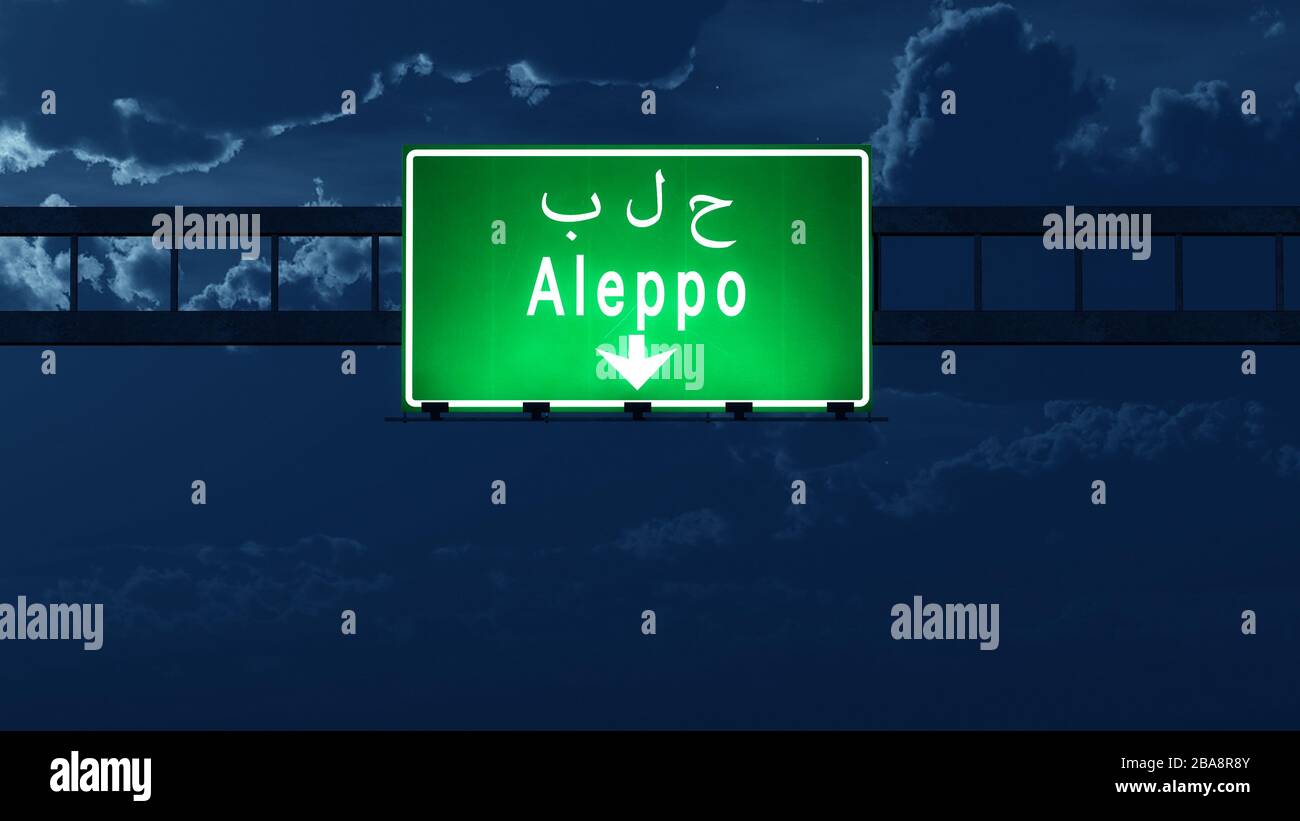 Aleppo Syria Highway Road Sign at Night 3D artwork Stock Photo - Alamy