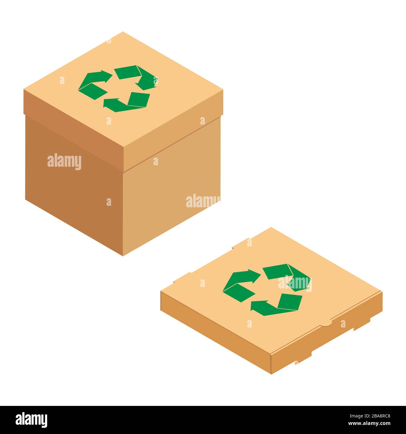 Cardboard boxes with green recycle symbol isolated on white background ...