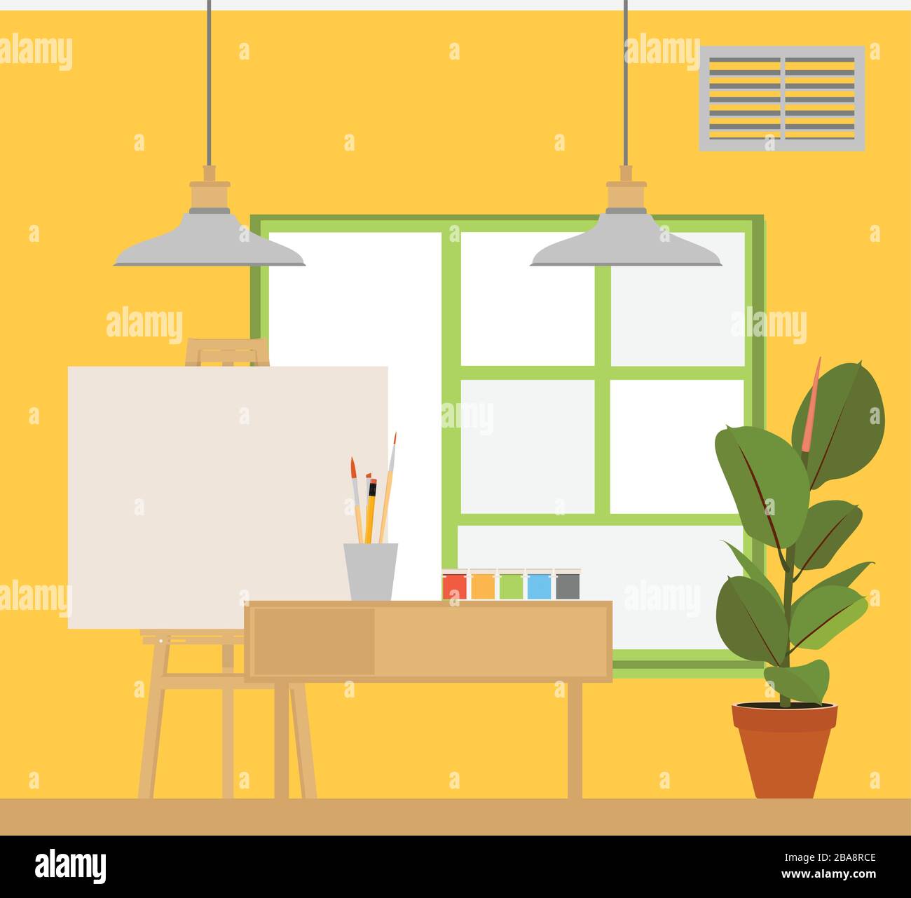 Art studio interior. Creative workshop room with canvas, paints ...