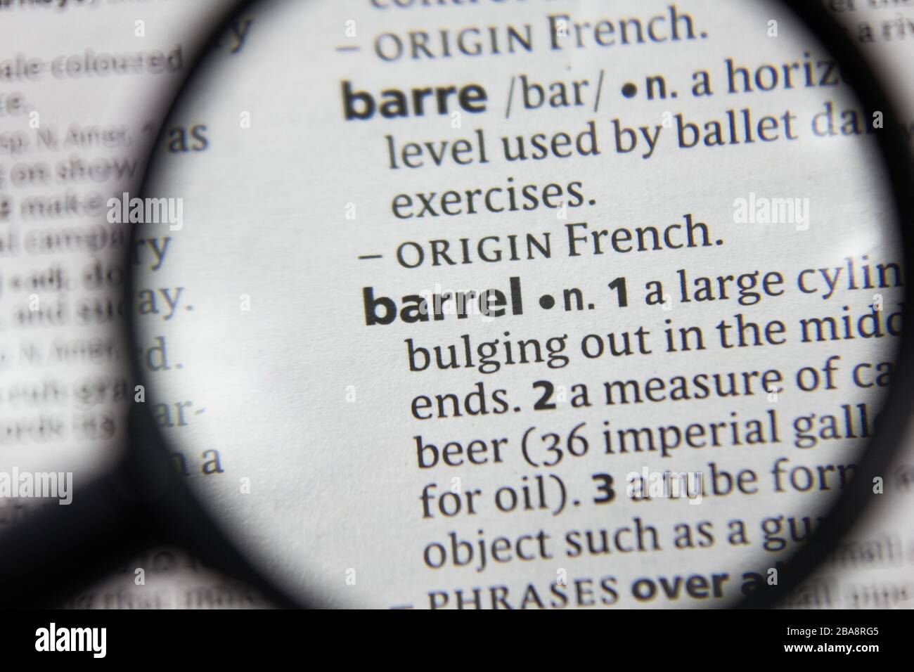 The word or phrase barrel in a dictionary Stock Photo - Alamy