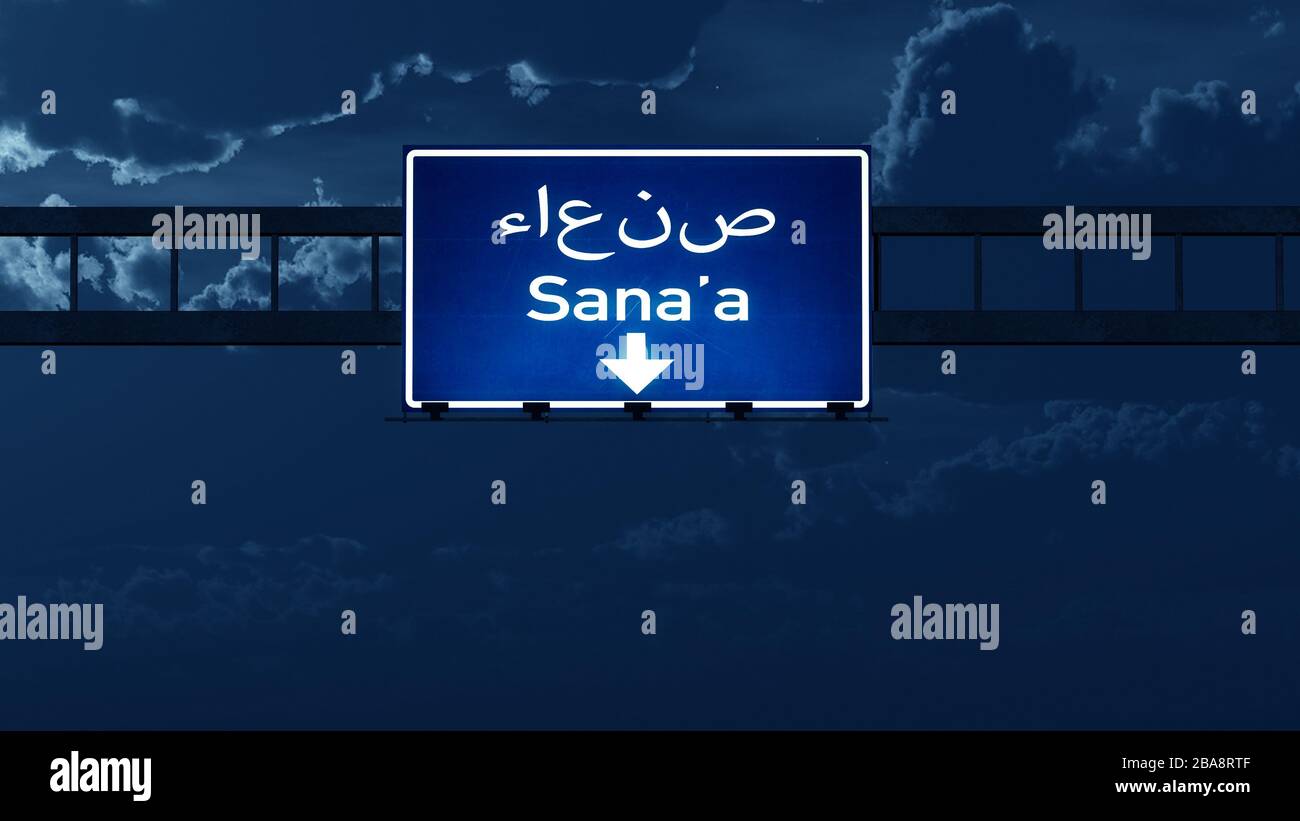 Sanaa Yemen Highway Road Sign at Night 3D artwork Stock Photo - Alamy