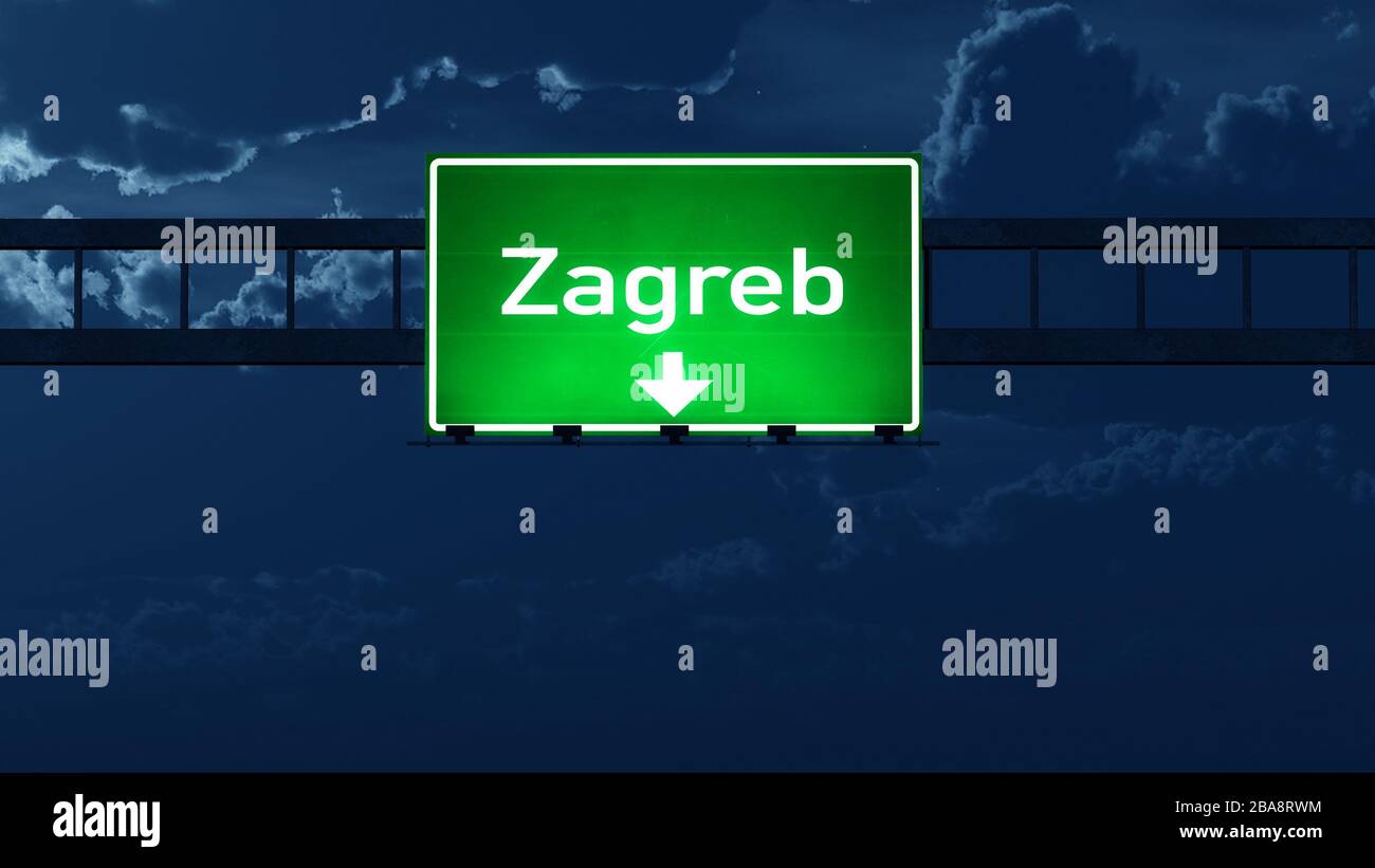 Zagreb Croatia Highway Road Sign at Night 3D artwork Stock Photo - Alamy