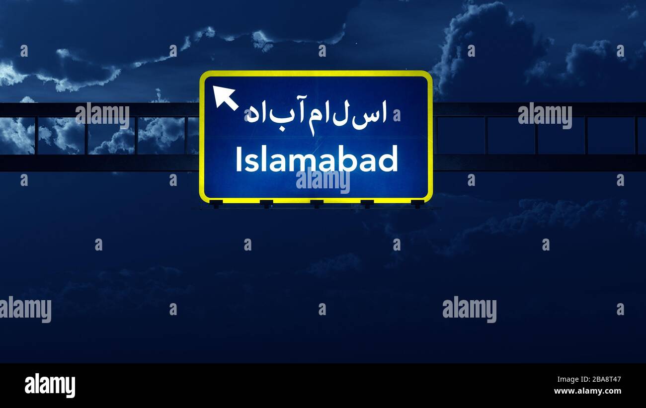 Islamabad Pakistan Highway Road Sign at Night 3D artwork Stock Photo ...