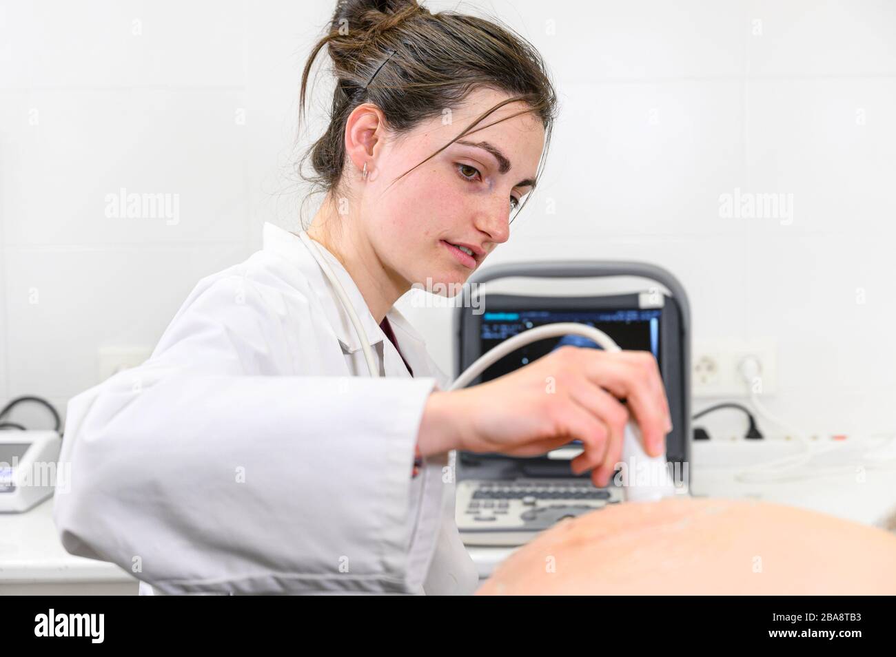 Doctor does Ultrasound or Sonogram Procedure to a Pregnant Woman in the ...