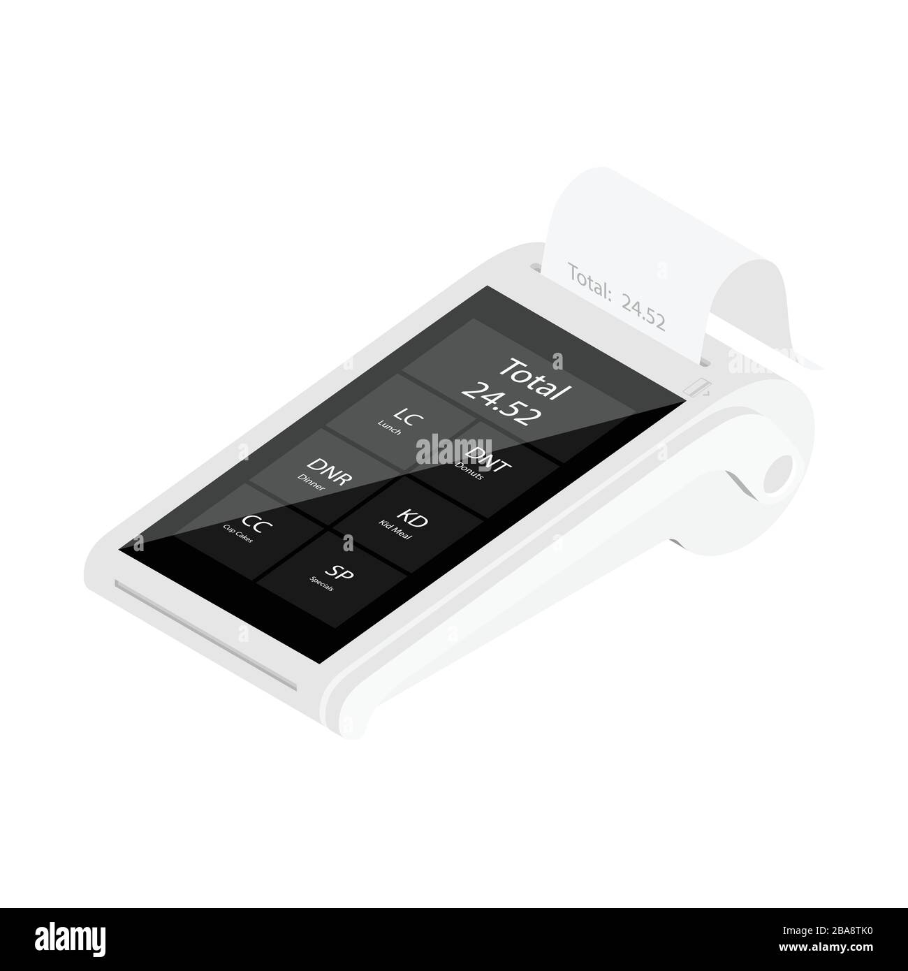 New smart POS terminal payment machine with bank credit card isolated on white background. Bank ...