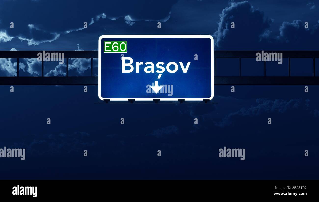 Brasov Romania Highway Road Sign at Night 3D artwork Stock Photo - Alamy