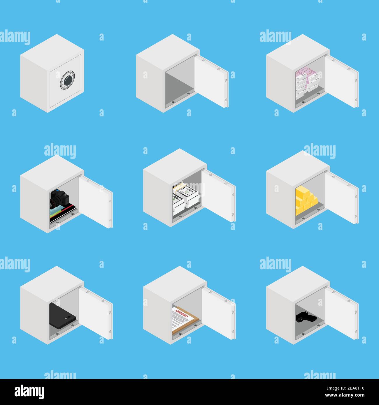 Set of metal steel money bank safes isolated on white background ...