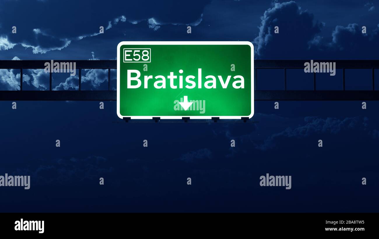 Bratislava Slovakia Highway Road Sign at Night 3D artwork Stock Photo ...