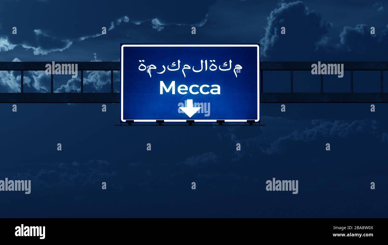Mecca Saudi Arabia Highway Road Sign at Night 3D artwork Stock Photo ...