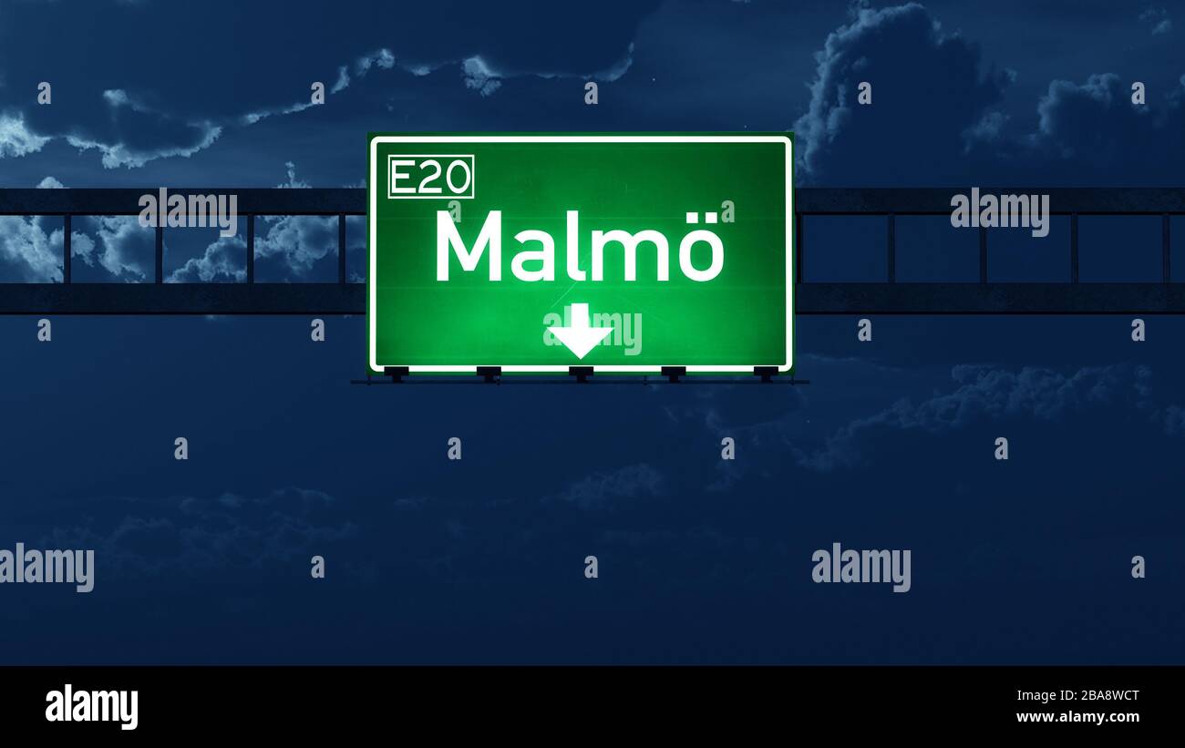 Malmo Sweden Highway Road Sign at Night 3D artwork Stock Photo - Alamy