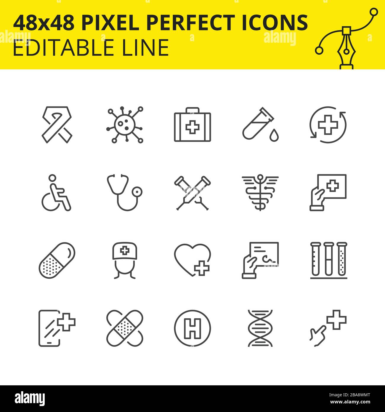 Scaled Icons of Medical care and Pharmacy. Includes Сaduceus, Virus ...
