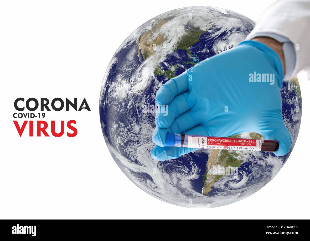 Doctor's hand with test tube blood sample over Planet Earth. Some ...