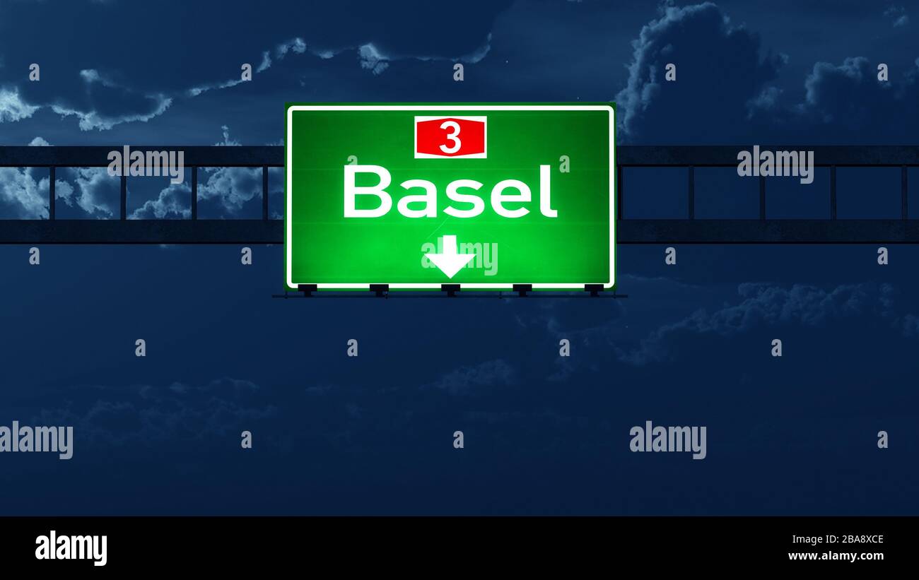 Basel Switzerland Highway Road Sign at Night 3D artwork Stock Photo - Alamy