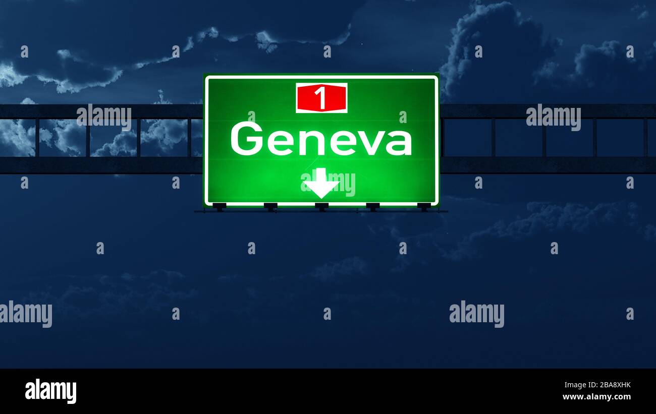 Geneva Switzerland Highway Road Sign at Night 3D artwork Stock Photo ...