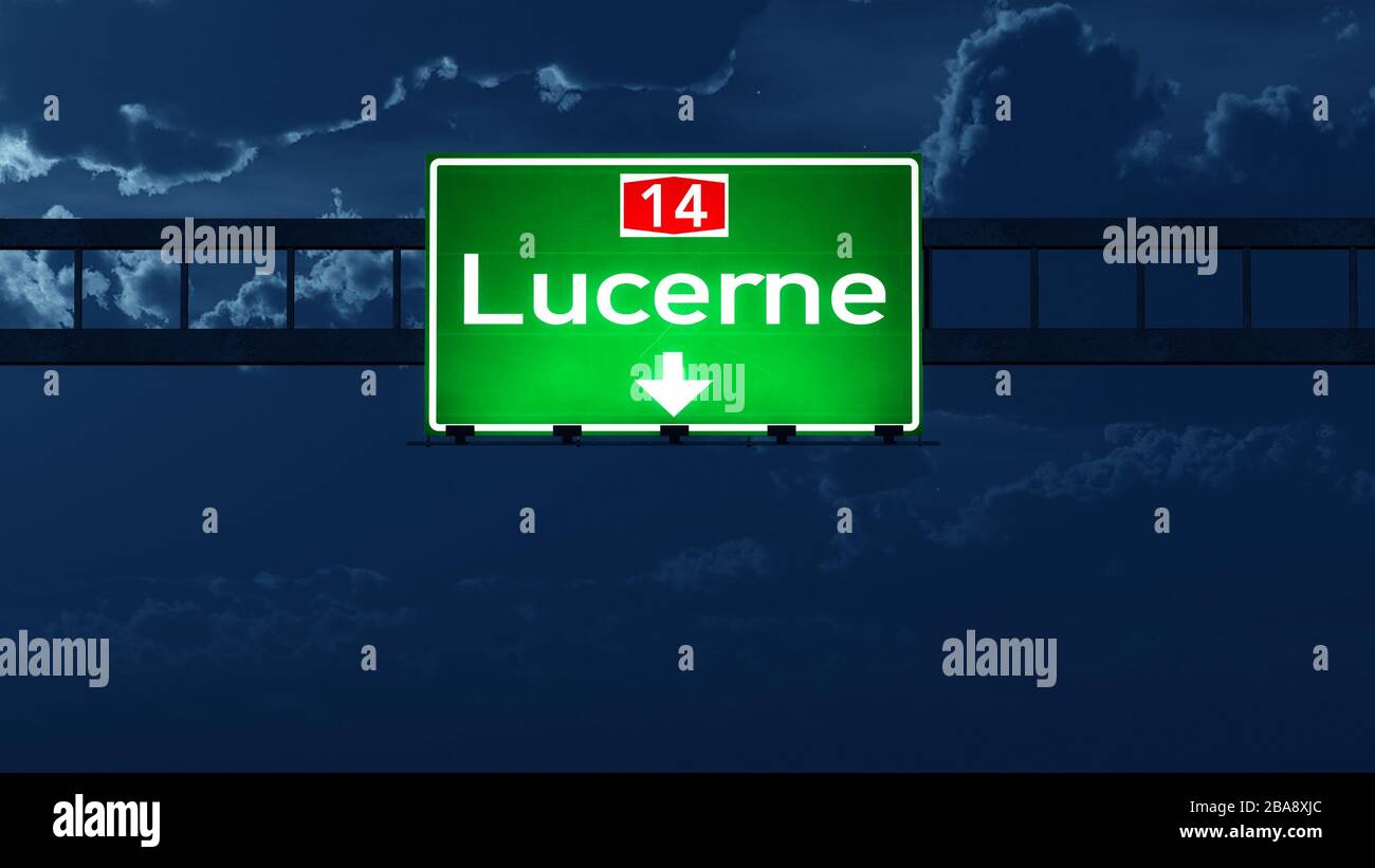 Lucerne Switzerland Highway Road Sign at Night 3D artwork Stock Photo ...