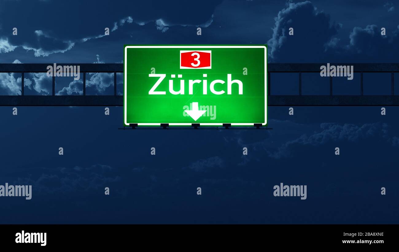 Zurich Switzerland Highway Road Sign at Night 3D artwork Stock Photo ...
