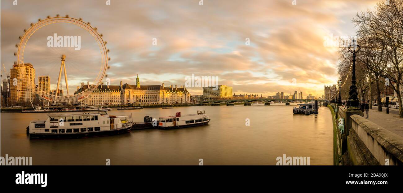Panoramic wide angle London Skyline view of the Southbank London Eye ...