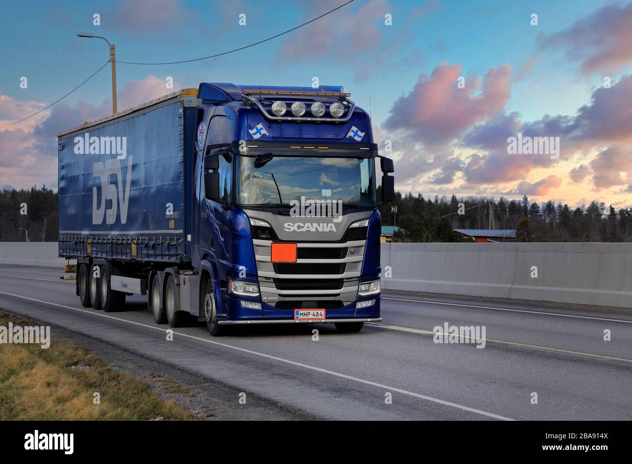 New, blue Scania R450 truck of M-Trans Ky pulling DSV semi trailer ...