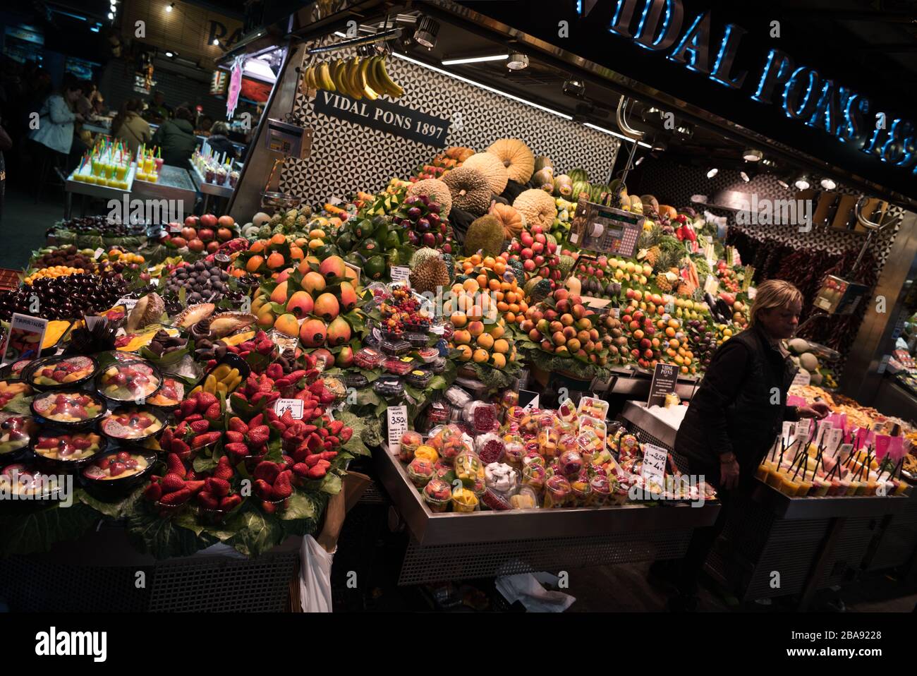 La Boqueria food market in Barcelona, Spain, colourful fruits and ...