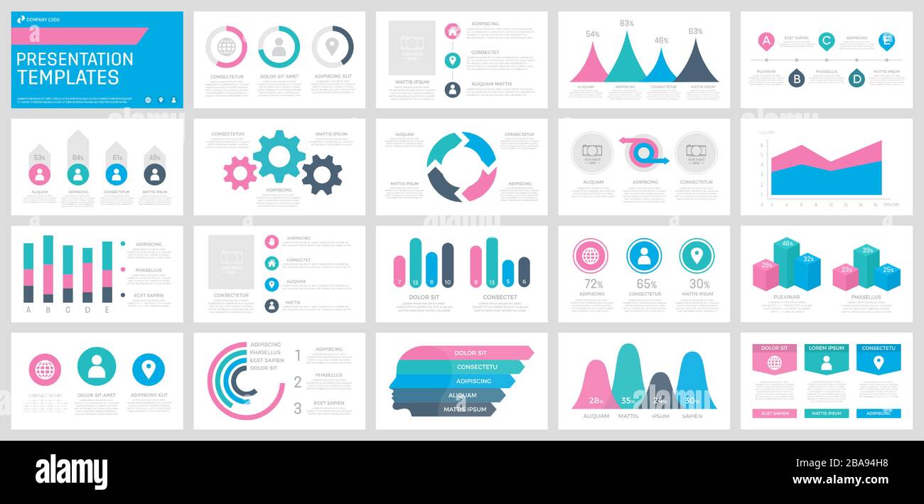 Set of pink, turquoise, blue and dark grey elements for multipurpose ...