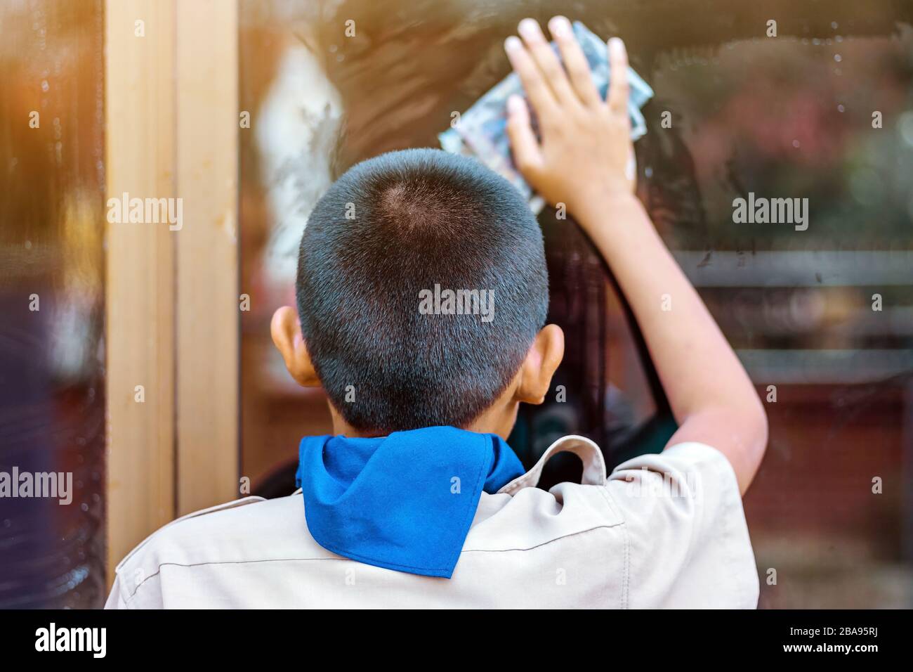 Back view of male student is helping to wipe the glass with wet ...