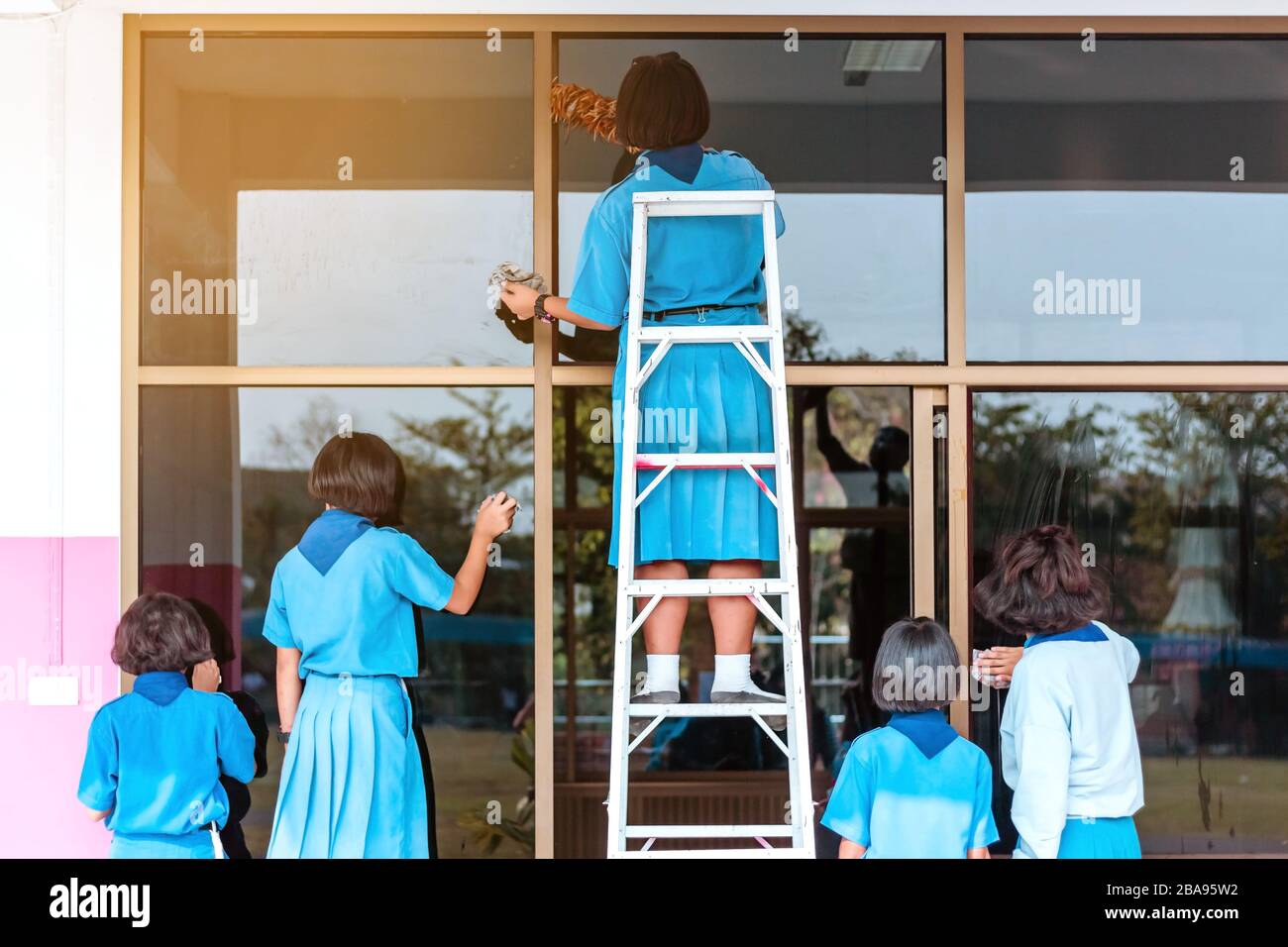 Back view of female students are helping to wipe the glass with wet ...