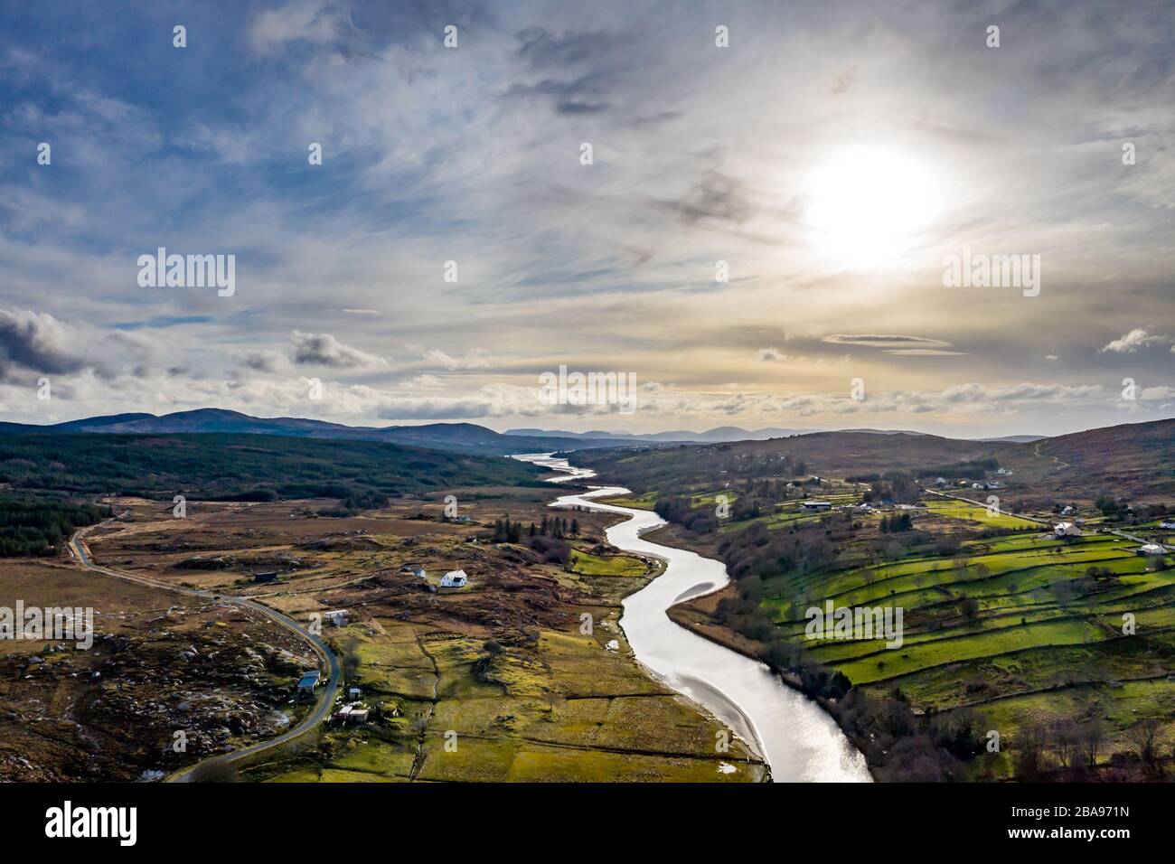 Aerial view of Gweebarra River between Doochary and Lettermacaward in ...