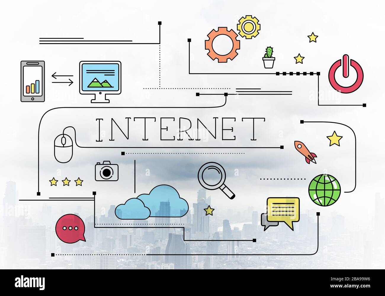 Internet connection sketch with media signs Stock Photo - Alamy