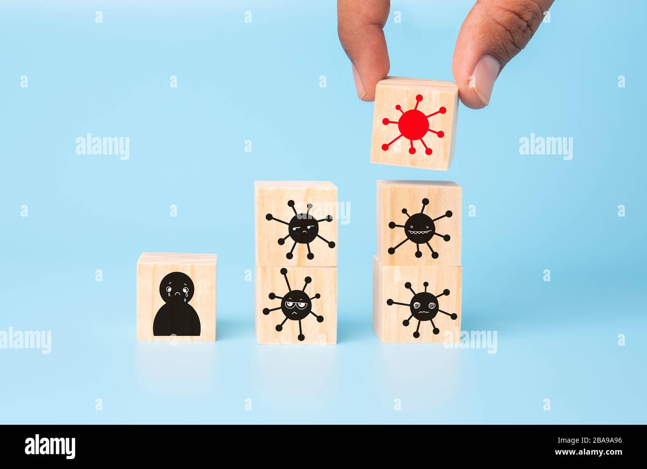Man hand hold wooden cube Syringe vaccine on corona virus blue ...