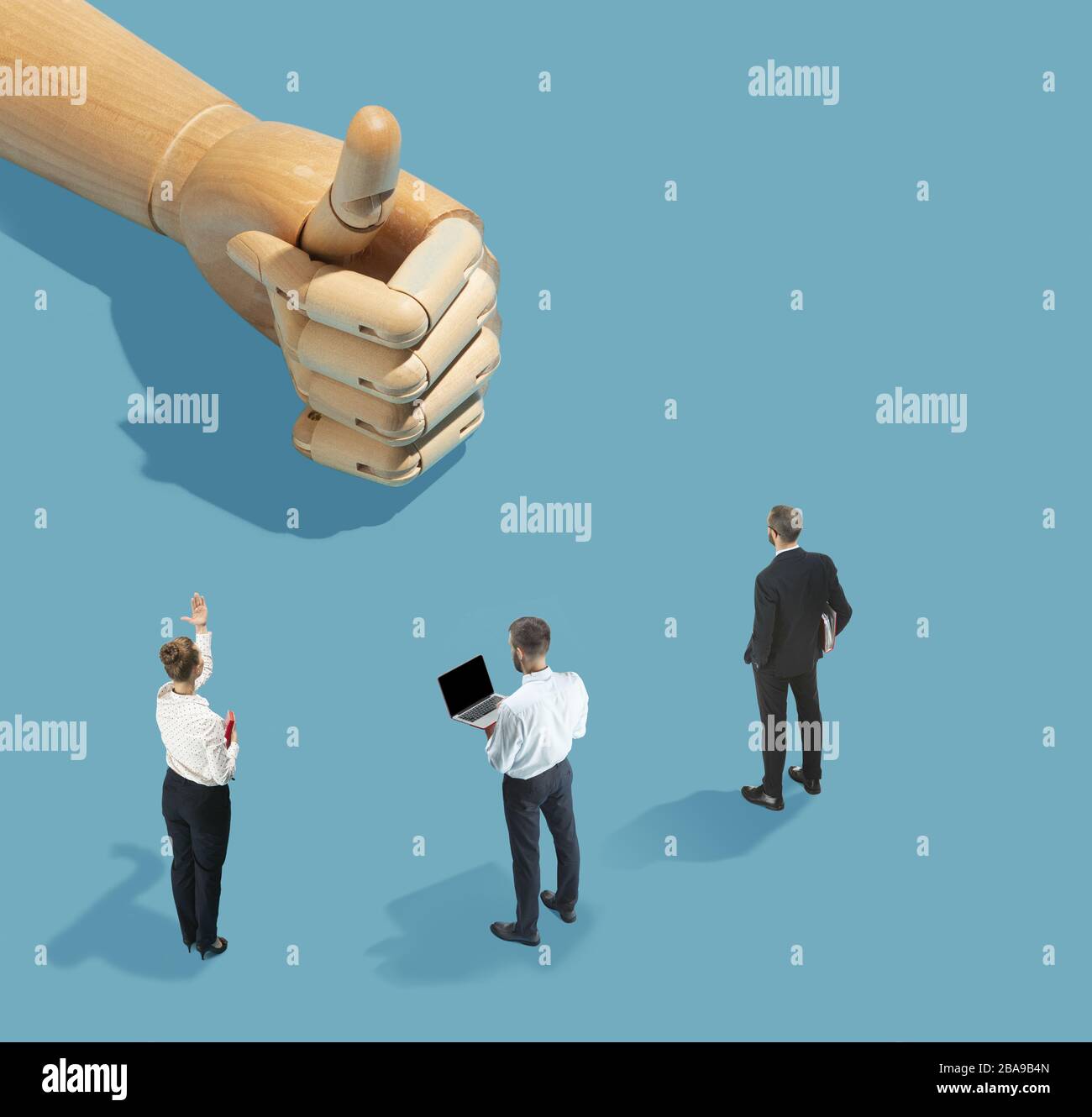 Good job, team. High angle view of creative modern office on blue ...