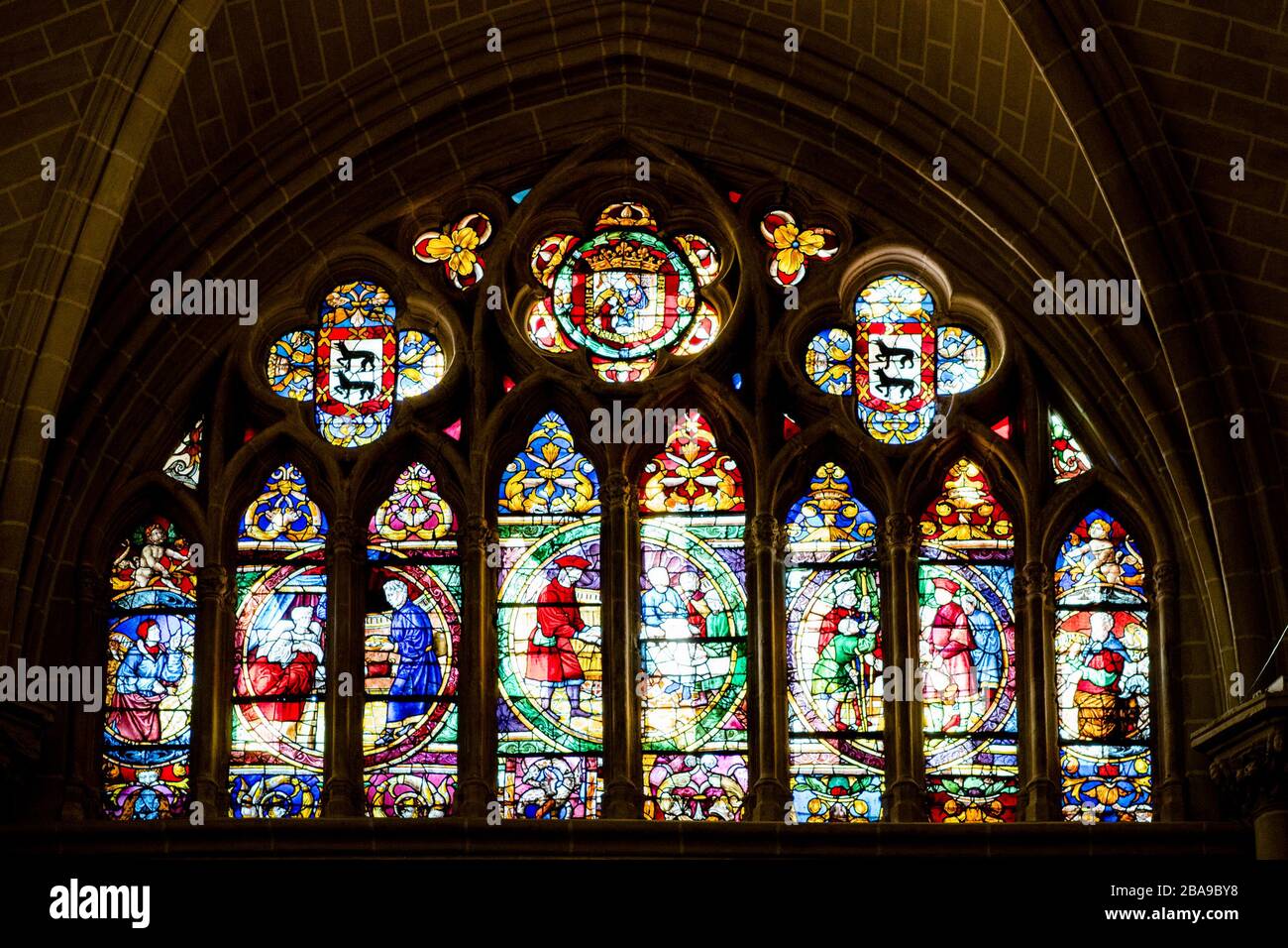 Madrid, Spain - February 14 2020: The stained glass windows of Catedral ...