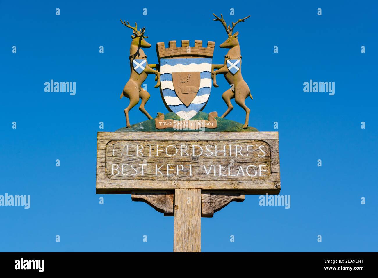 Hertfordshire Best Kept Village sign located by the Much Hadham Forge ...